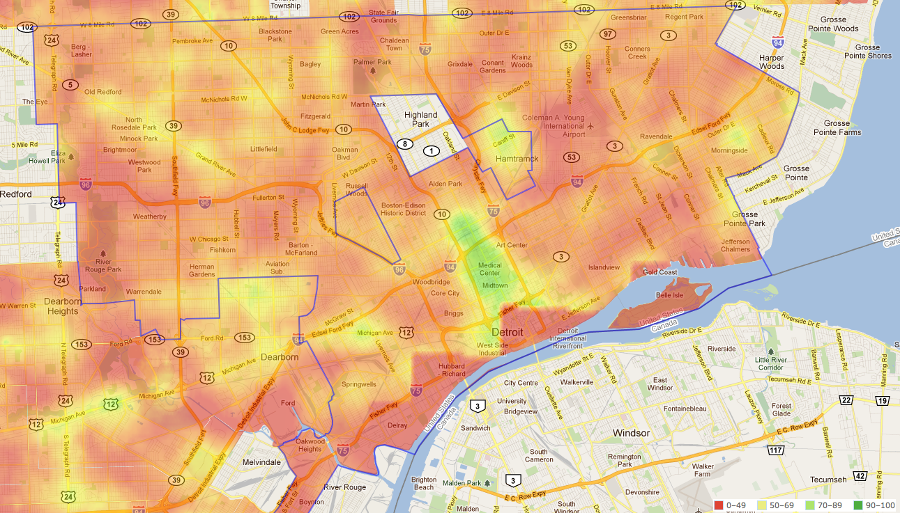 Heatmap Walkscore in Detroit | DETROITography