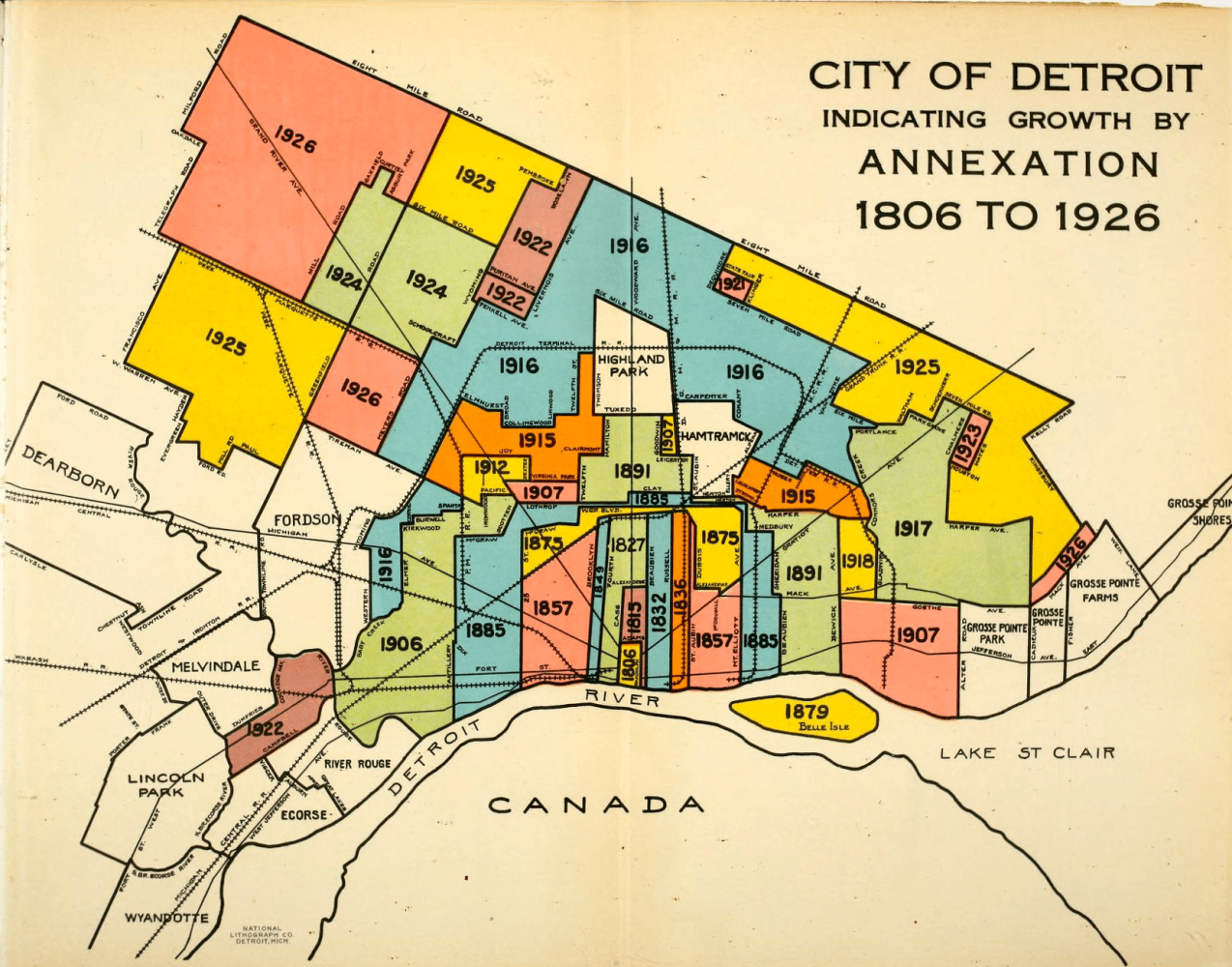 Map: Color Coded Detroit Growth by Annexation | DETROITography