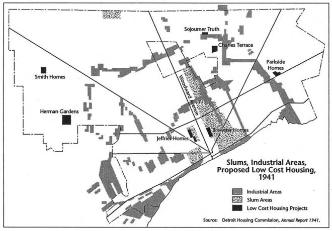 Map: Slums, Industrial, and Low Cost Housing in Detroit 1941 ...