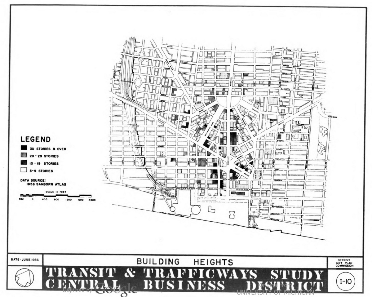 Map: Downtown Detroit Building Heights 1956 | DETROITography