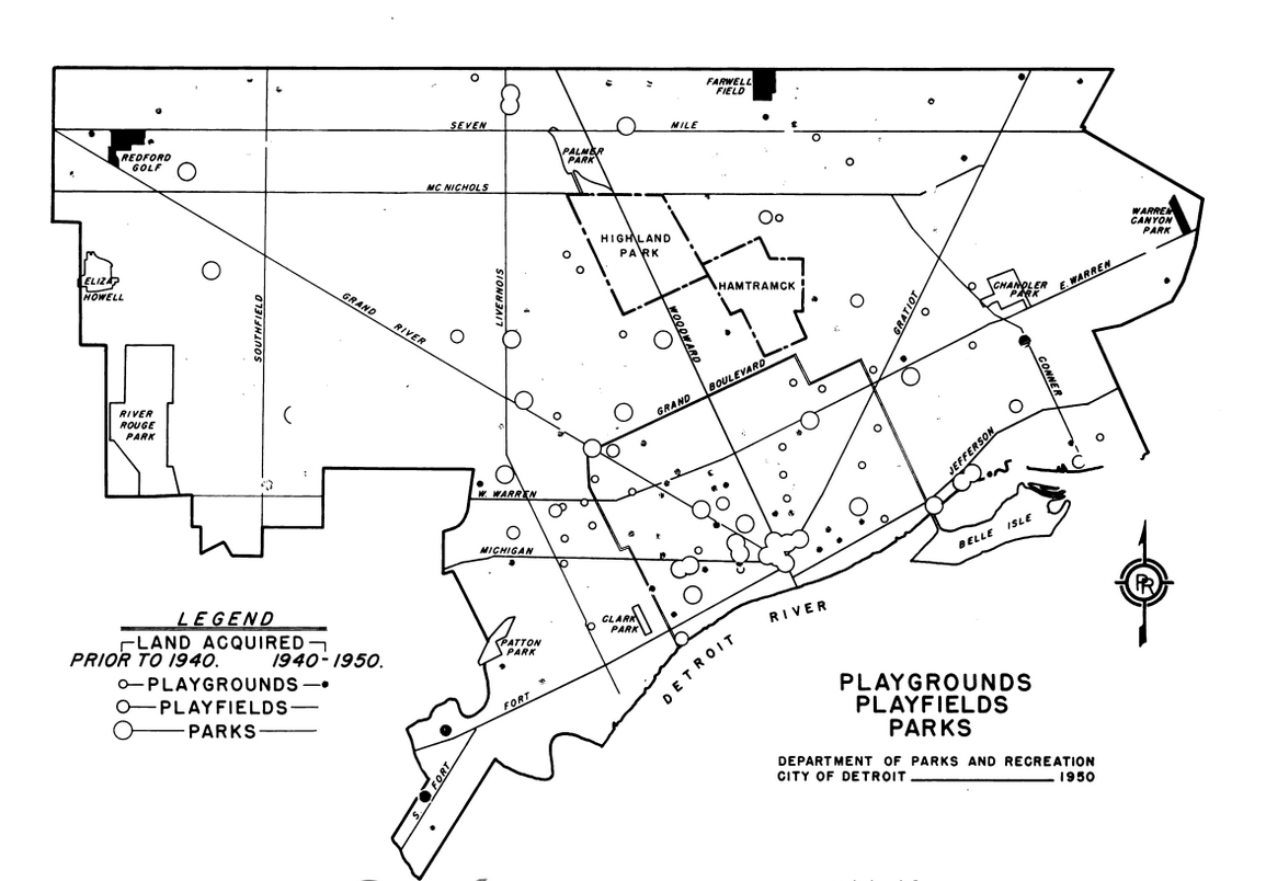 Map: Land Acquired by Parks and Recreation 1940-1950 | DETROITography