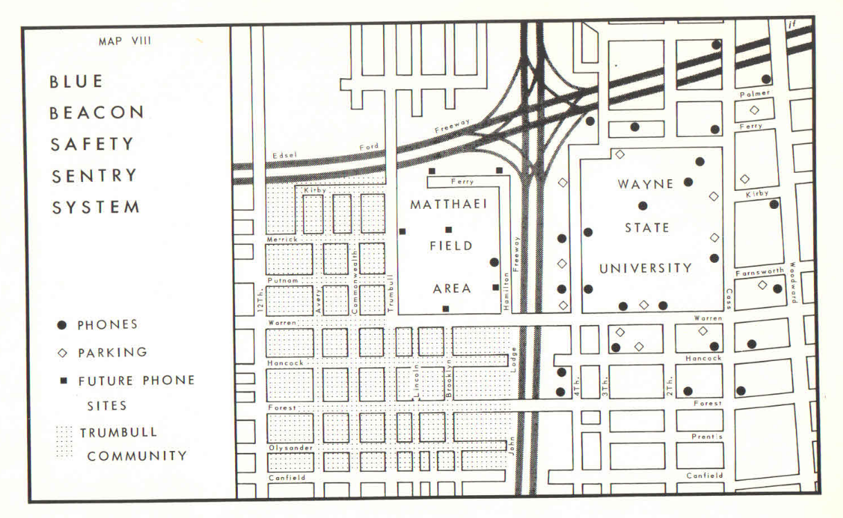 Map: Blue Beacons at Wayne State University 1971 | DETROITography