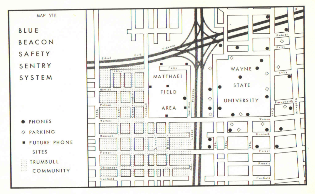 Map: Blue Beacons at Wayne State University 1971 | DETROITography