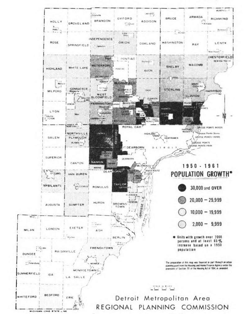 Map: Detroit Region Areas of Population Growth 1950 – 1961 | DETROITography