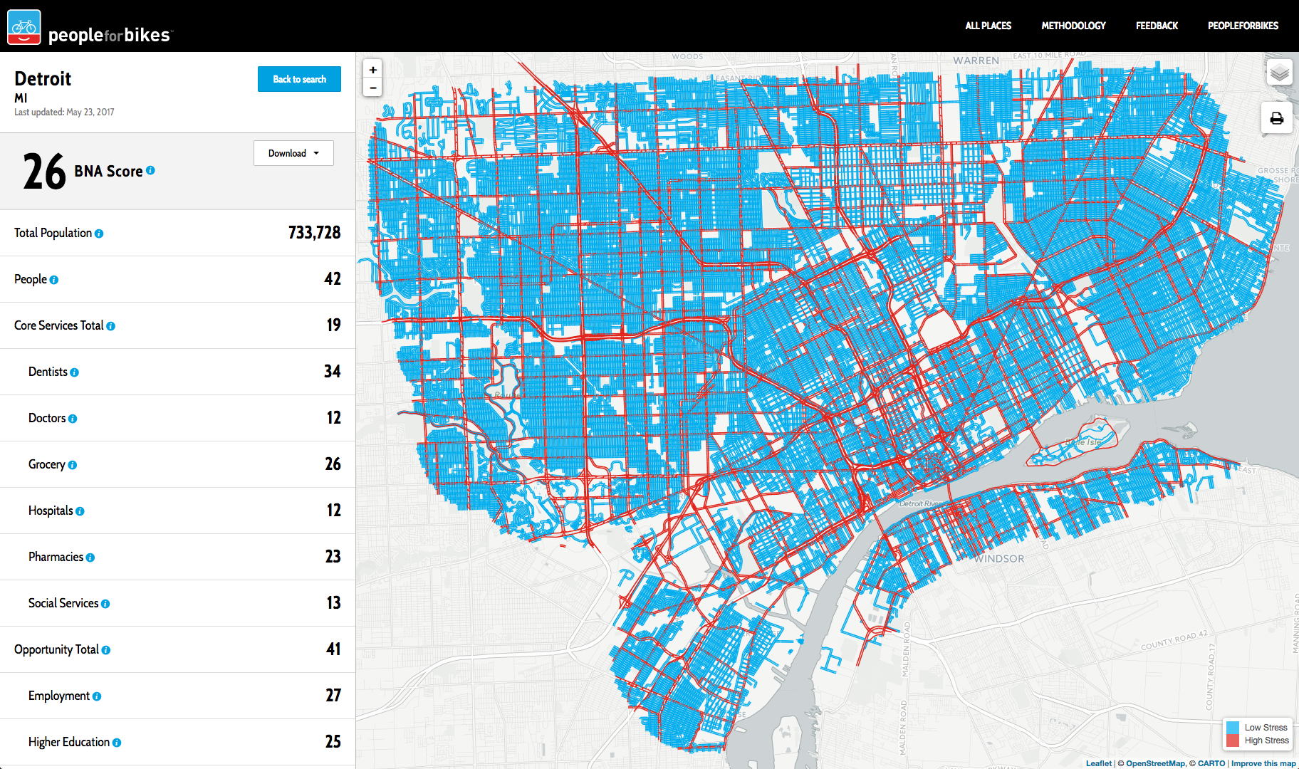 Map: Detroit Bike Network Analysis Score | DETROITography