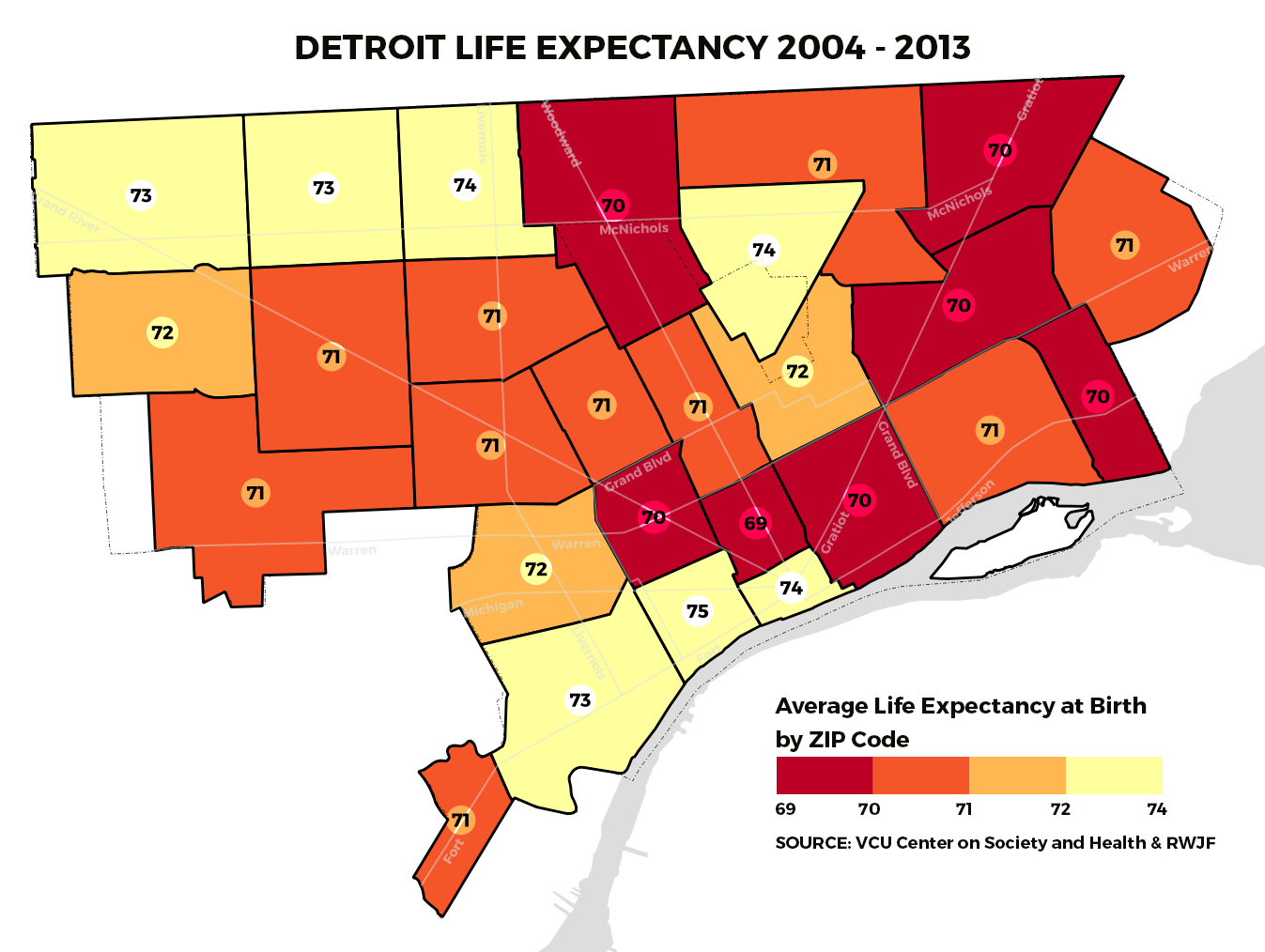 Map: Life Expectancy in Detroit 2004 – 2013 | DETROITography
