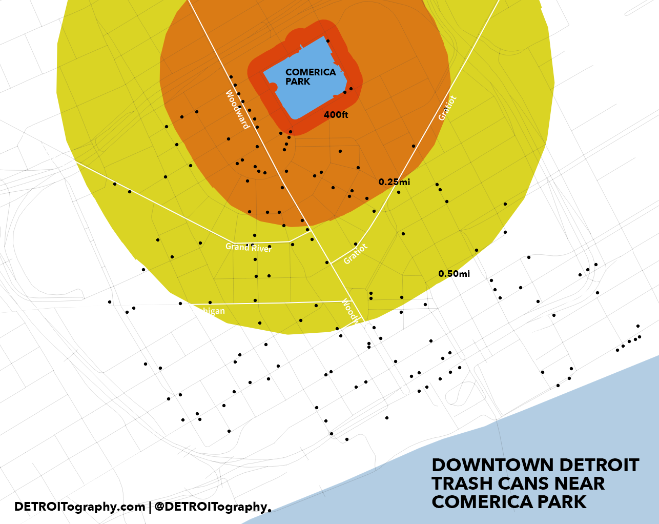 Map: Downtown Detroit Trash Cans for Tigers Opening Day | DETROITography