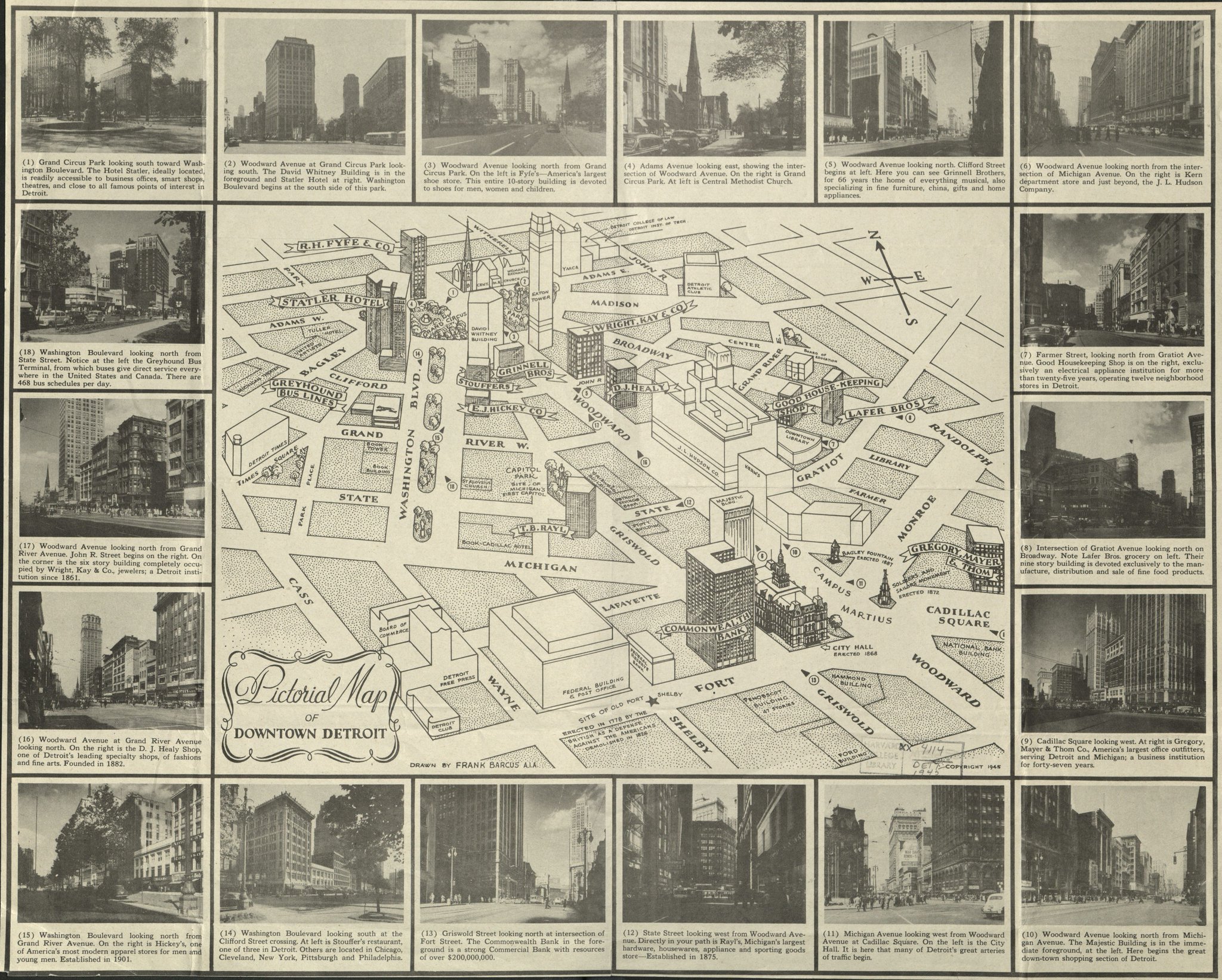 Map: Pictorial Map of Downtown Detroit 1945 | DETROITography
