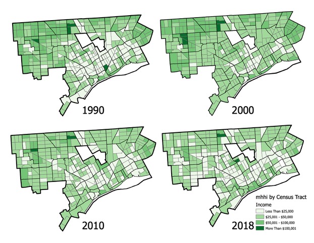 Map: Detroit Median Income Normalized 1990 – 2018 | DETROITography