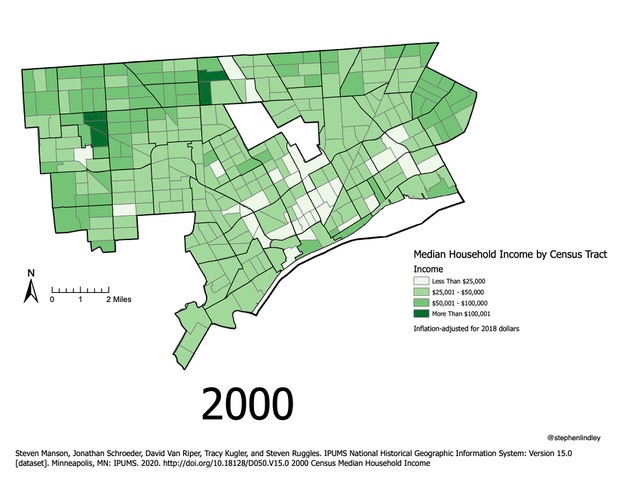 Map: Detroit Median Income Normalized 1990 – 2018 | DETROITography