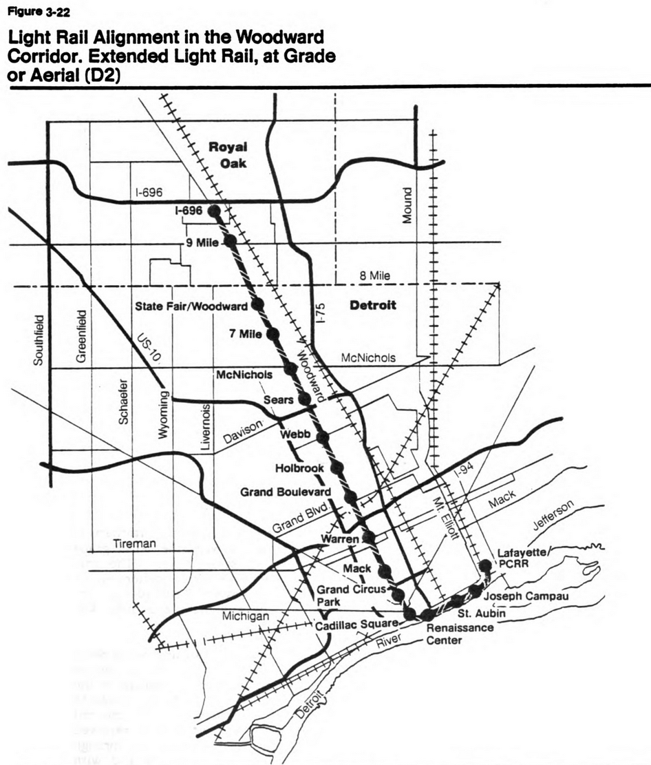 Map: Detroit M1 Light Rail 1979 | DETROITography
