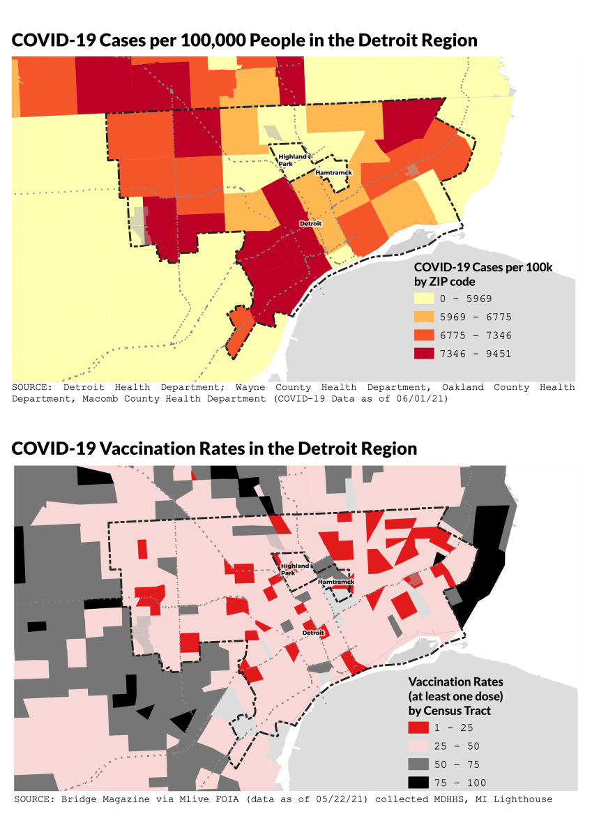 Map: Detroit COVID-19 Cases versus Vaccination Rates 2021 | DETROITography