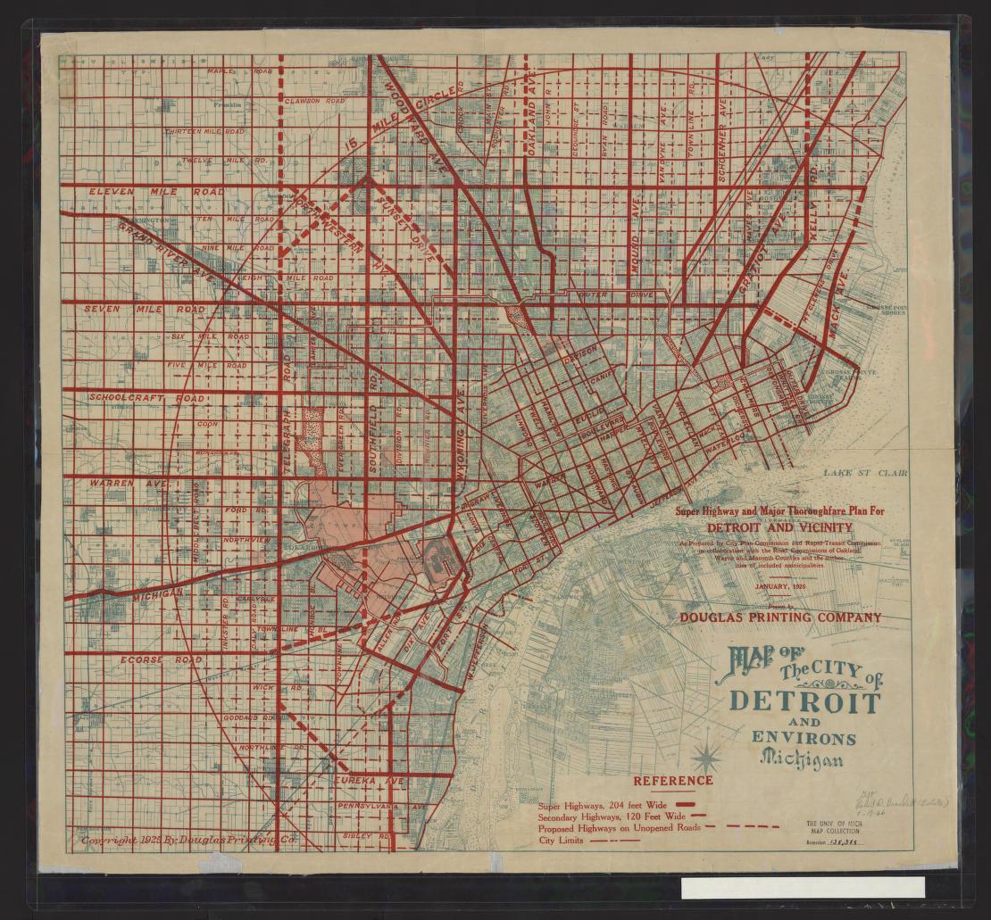 Map: Super Highway and Major Thoroughfare Plan for Detroit 1925 ...
