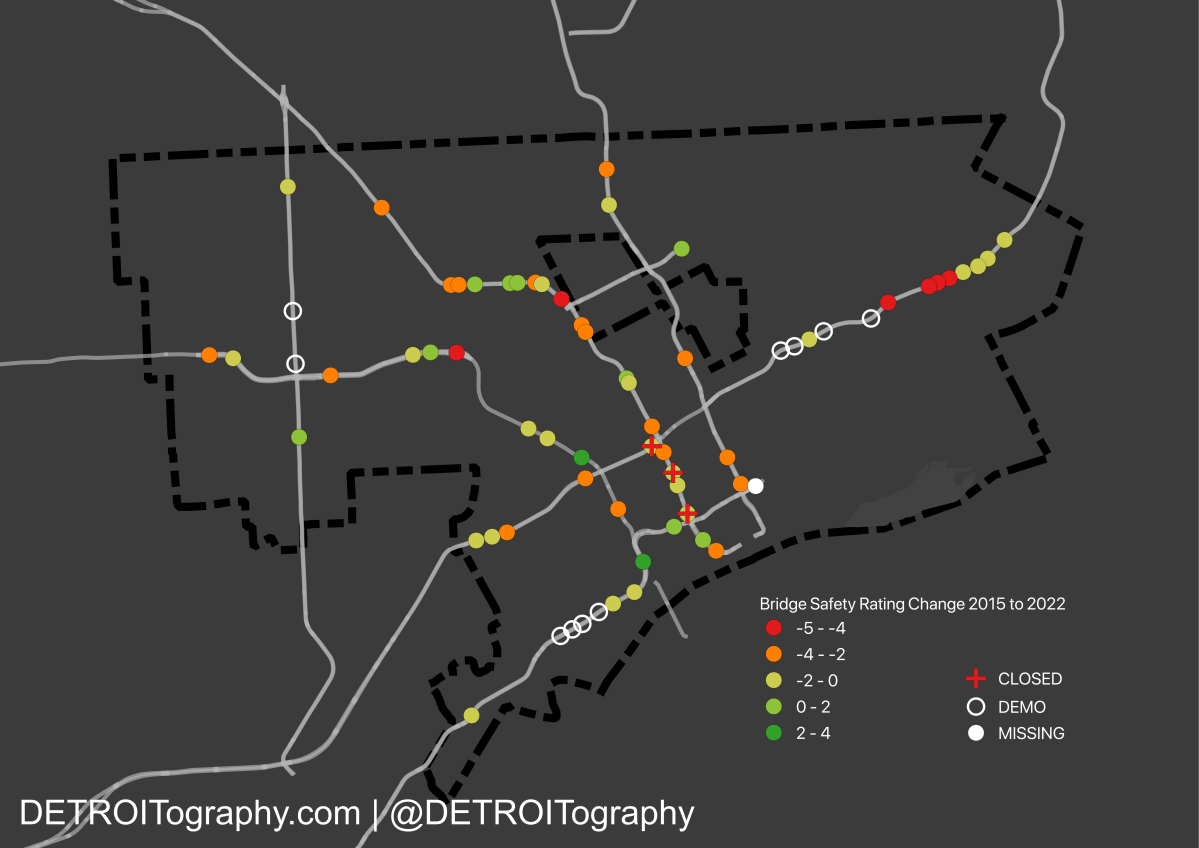 Map: Changes in Detroit Pedestrian Bridge Safety Ratings 2015 to 2022 ...