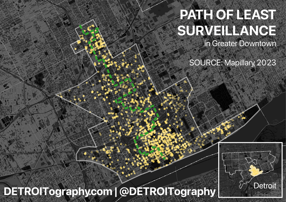 Map: Path of Least Surveillance through Greater Downtown Detroit ...