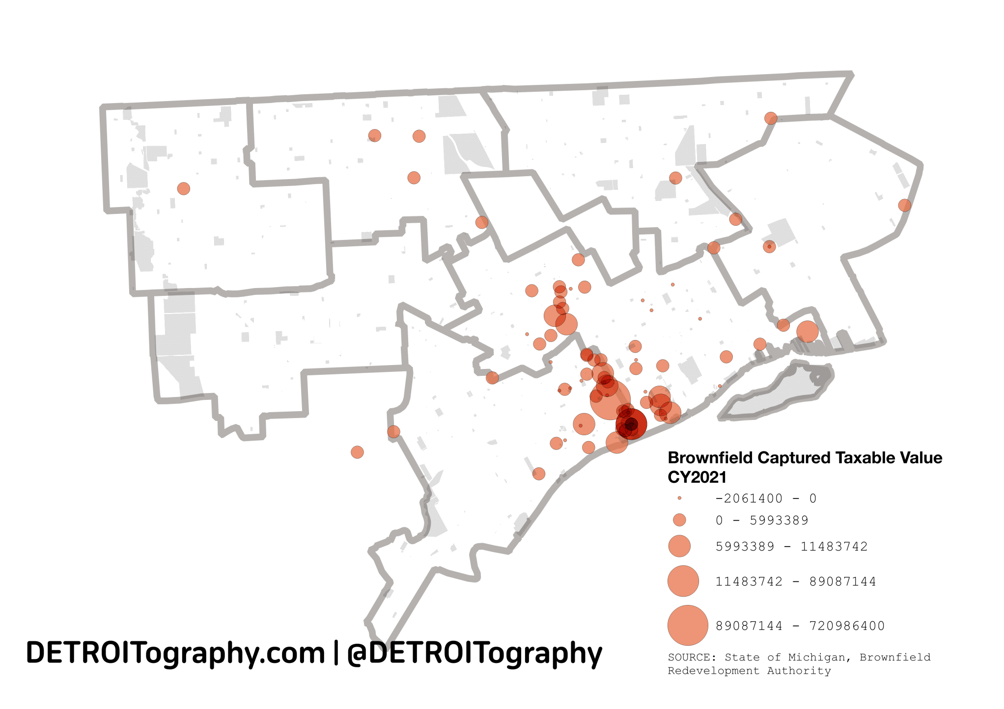 Map: Brownfield Captured Taxable Value in Detroit 2021 | DETROITography