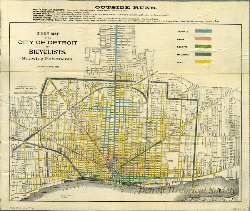 Map: Guide Map of the City of Detroit for Bicyclists, Showing Pavements ...