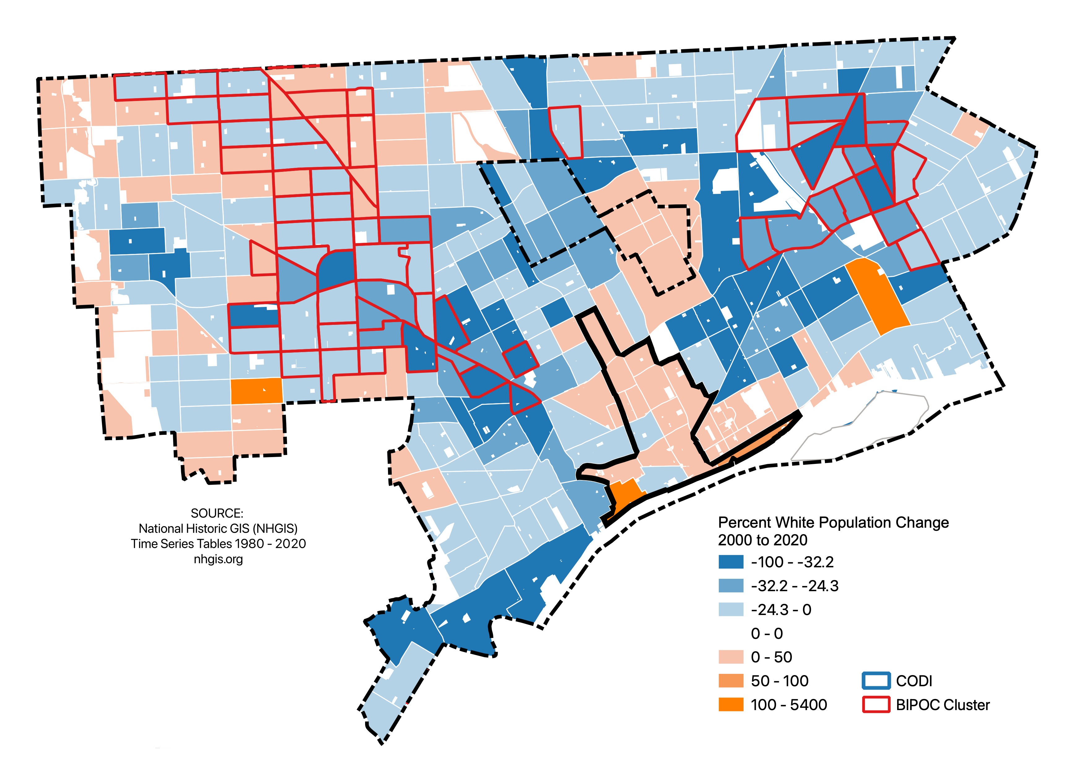 Map: White Population Change in Detroit 2000 – 2020 | DETROITography