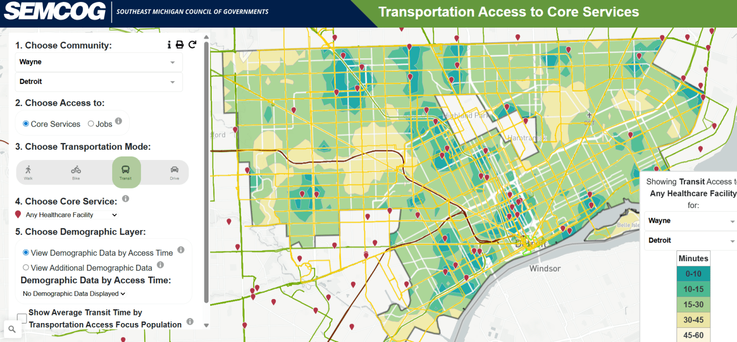 Map: Transportation Access to Core Services in Detroit | DETROITography